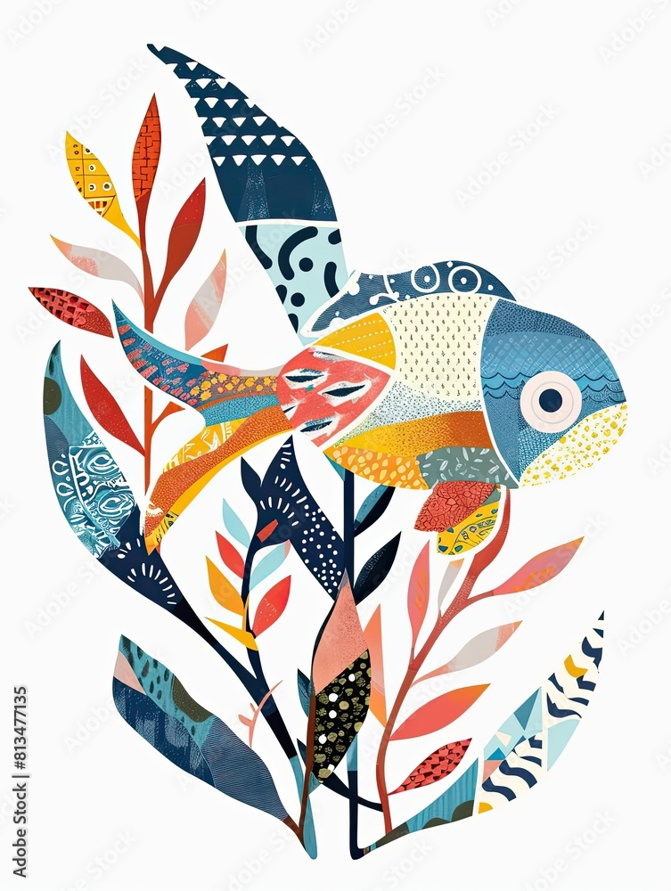 Cute seaweed with fish with colorful patchwork geometric pattern and ...