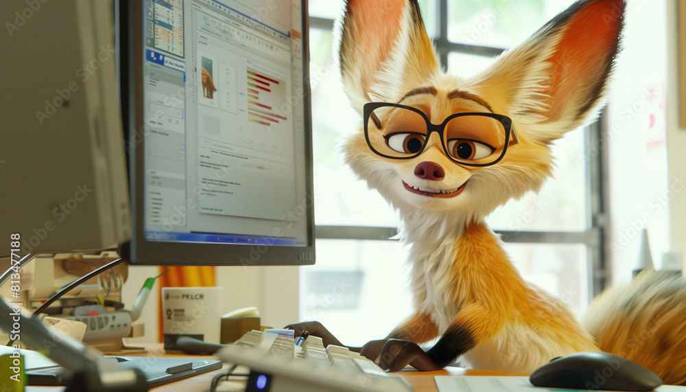 Cartoon fox with glasses typing at a computer, sunny office, focused ...