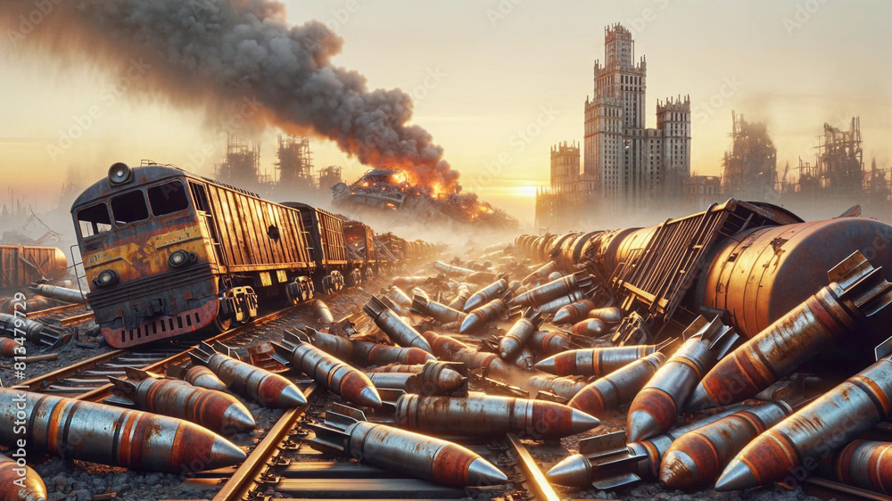 rusty freight train carriages lay overturned, with various rusty ...