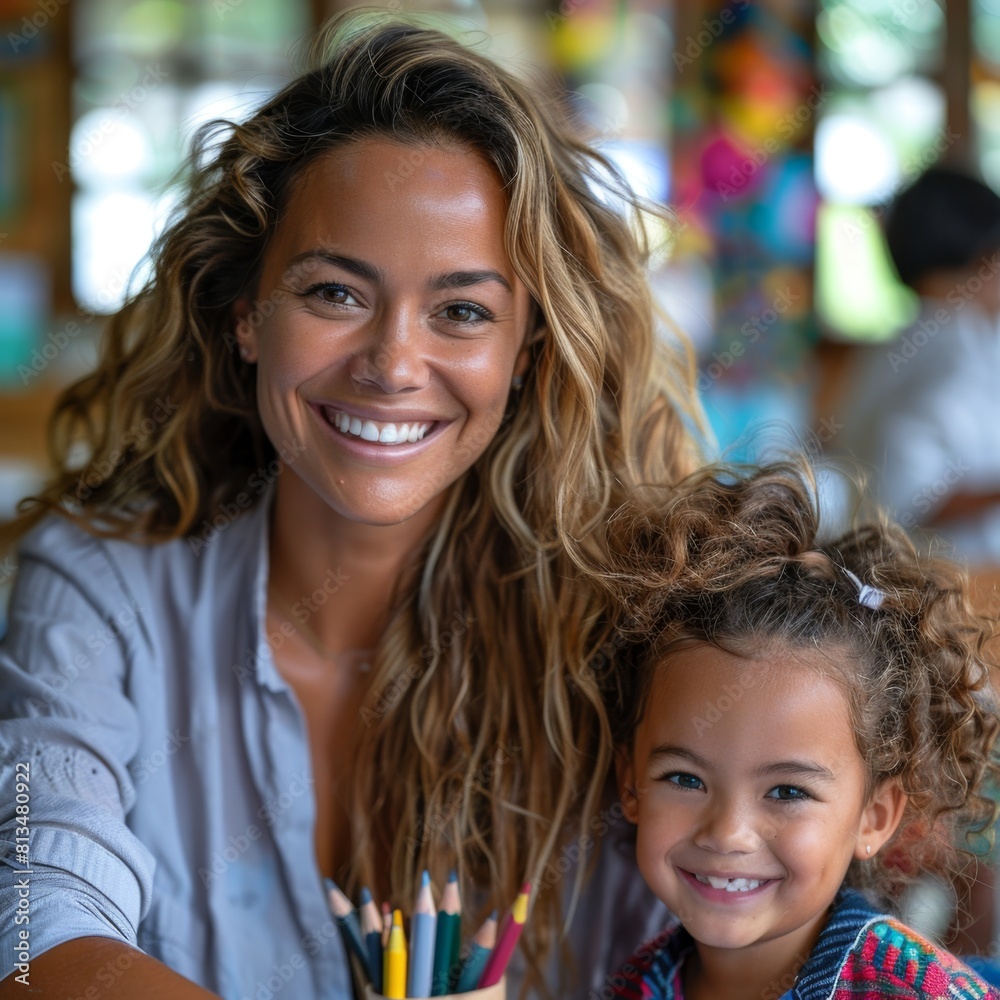 Tutoring children in primary school, girl smiling happily while drawing ...