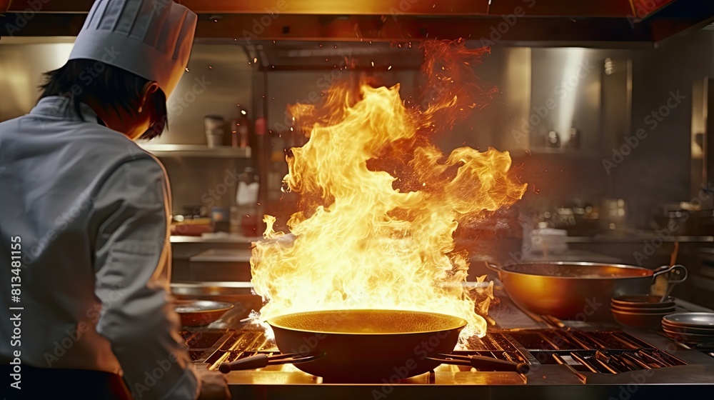 A chef in a white suit prepares food in the restaurant's hot kitchen ...
