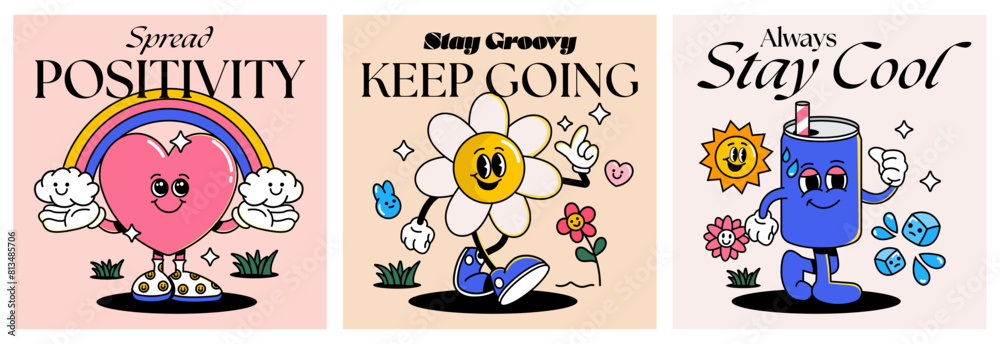 Cartoon groovy stickers 70s. Cute retro characters. Hippie style, set ...
