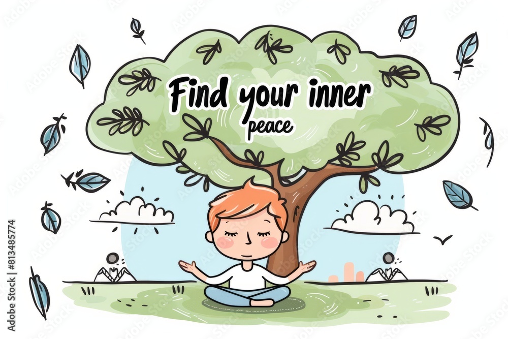 Cartoon cute doodles of a character meditating peacefully under a tree ...