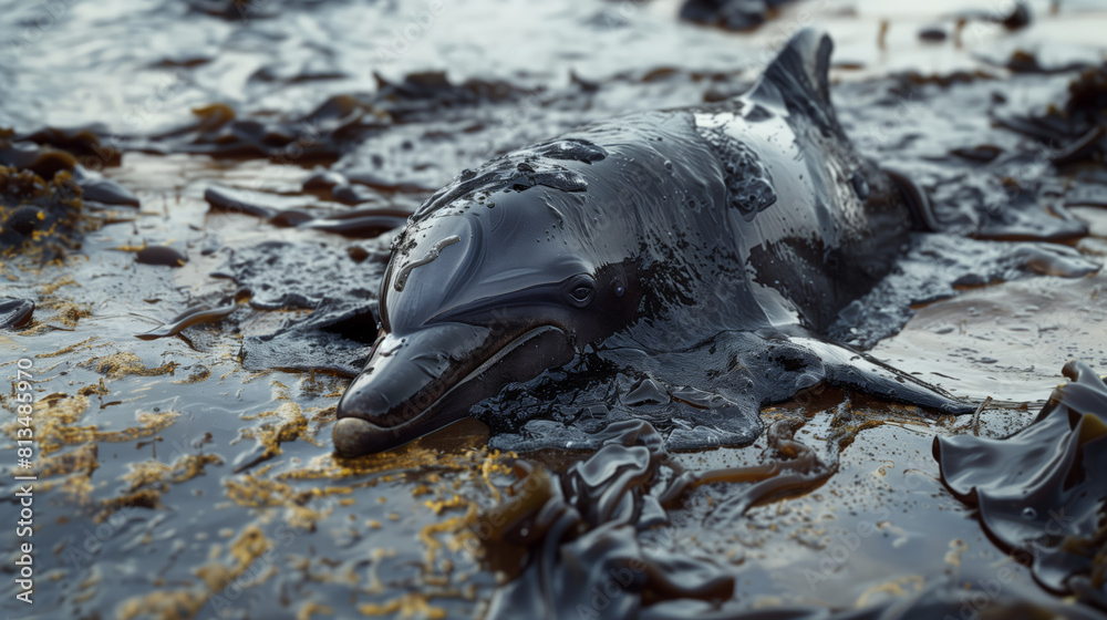 A dying dolphin lies on the ocean coast. An oil spill in the ocean ...