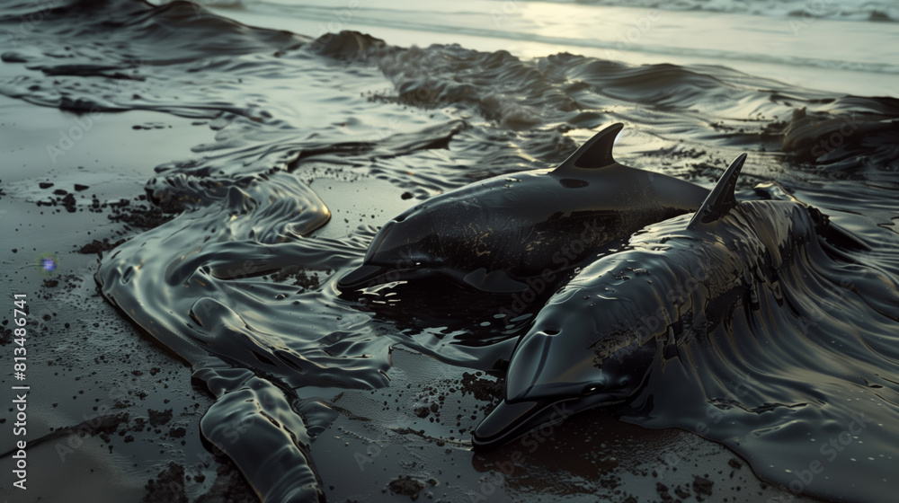 Foto de Two dying dolphins, covered in oil, on the seashore. Ocean ...
