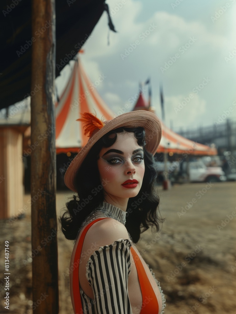 Mime with a 1950s style strikes a poised pose in front of a circus tent ...