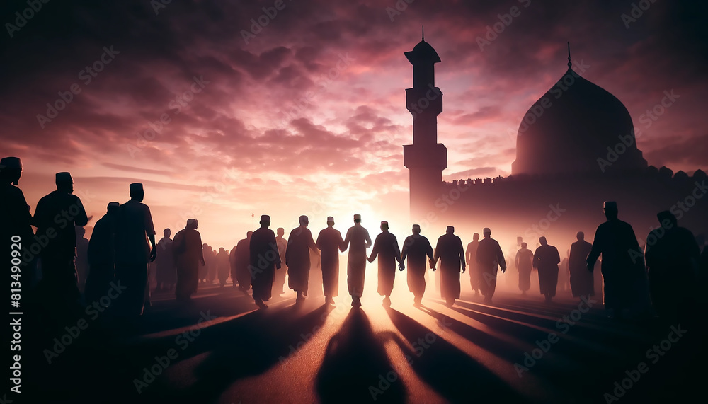 Silhouettes of Muslims heading toward a mosque for Eid al-Adha prayer ...