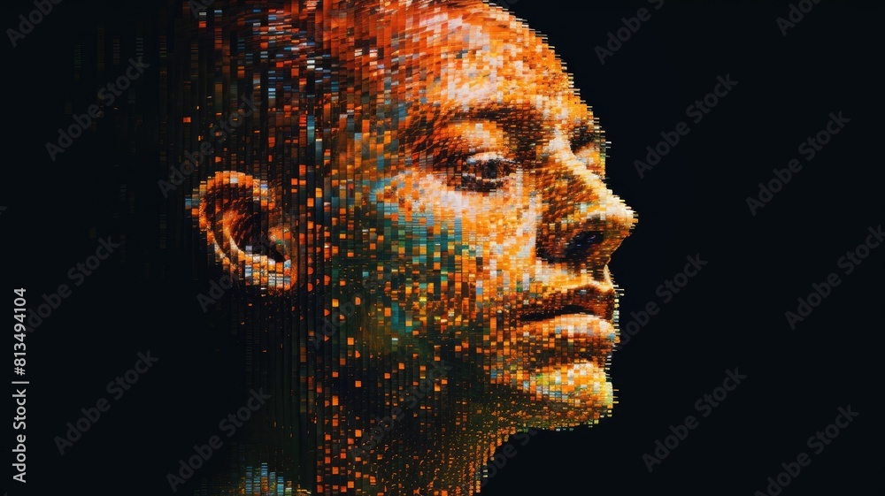 Digital portrait of a man made with cityscape pixel mosaic. Close up of ...