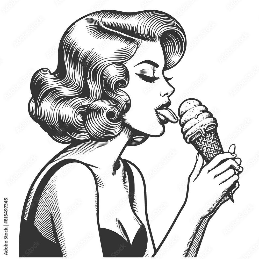 pin-up girl savoring an ice cream cone, depicting classic mid-century ...
