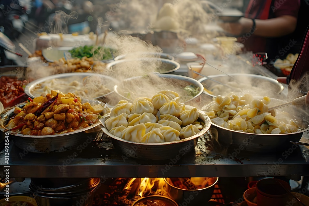 Global Street Food : A bustling street corner captured during a food ...