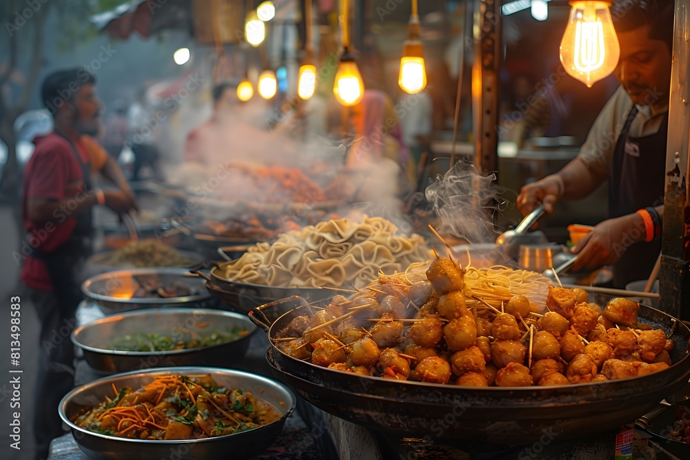 Global Street Food : A bustling street corner captured during a food ...
