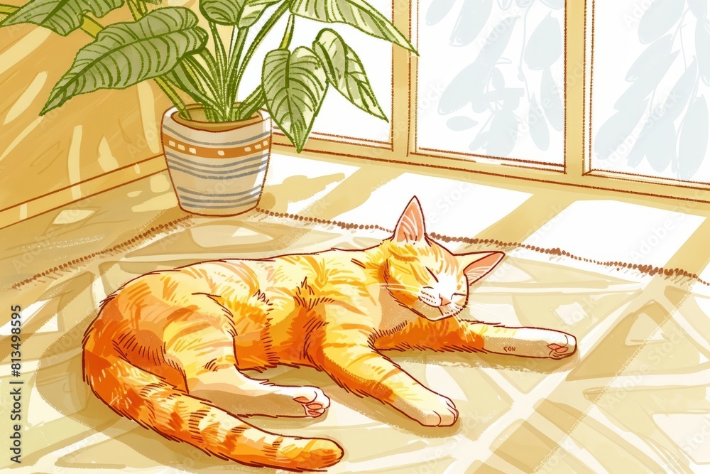 Cartoon cute doodles of a cat sprawled out on a cozy rug, stretching ...
