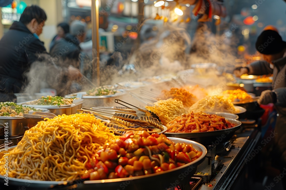 Global Street Food : A bustling street corner captured during a food ...