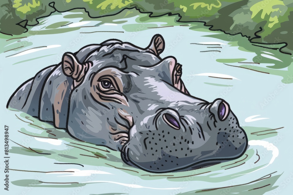 Cartoon cute doodles of a hippo floating lazily in a river, its eyes ...