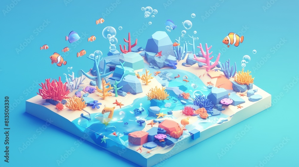 minimalist A colorful underwater scene with various 3D fish, coral ...