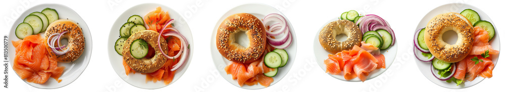 bagel and Lox with smoked salmon, spinach, red onions, cucumber slice ...