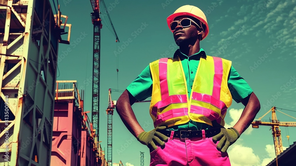 Standing tall, the engineer contractor wears a hard hat and safety vest ...
