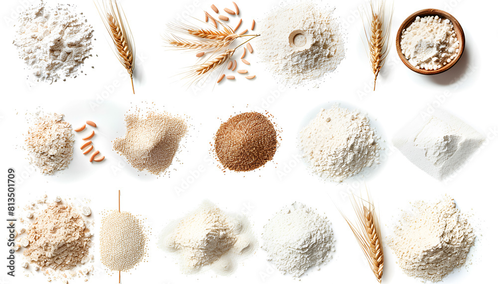 Different types of flour on white background, top and side views Stock ...