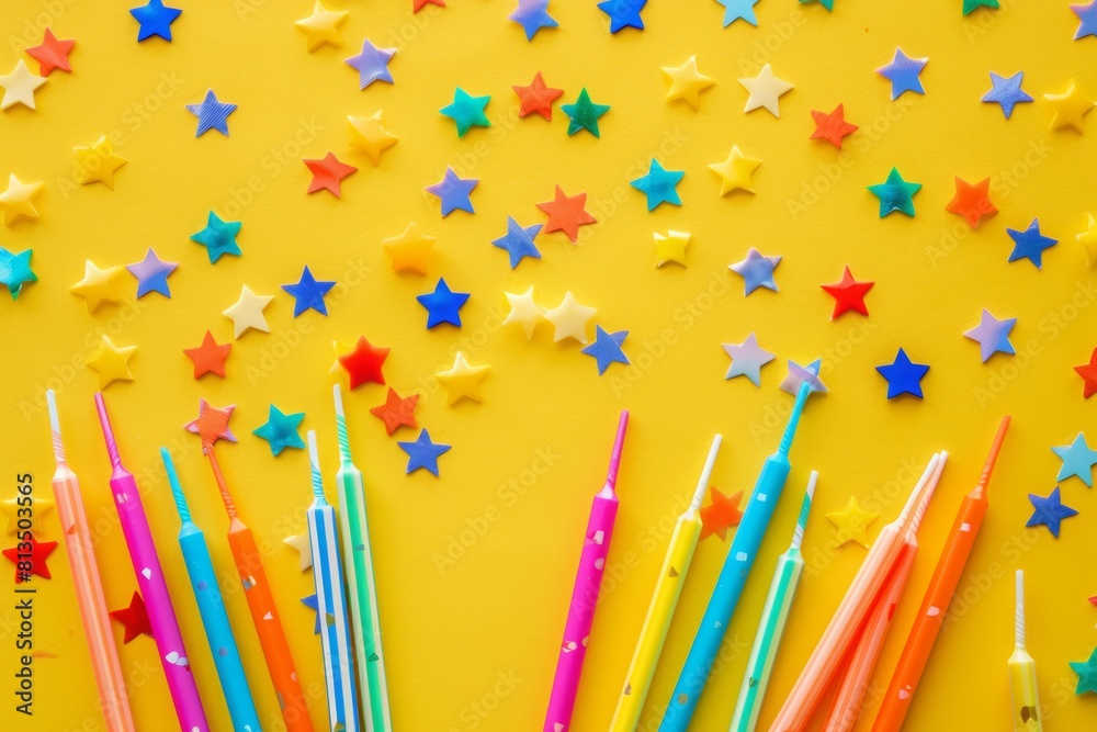 The flag on a stick and rainbow candy stars lay flat on a yellow ...