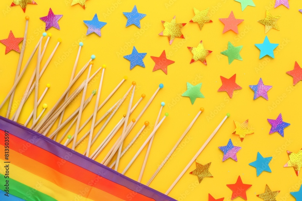 The flag on a stick and rainbow candy stars lay flat on a yellow ...