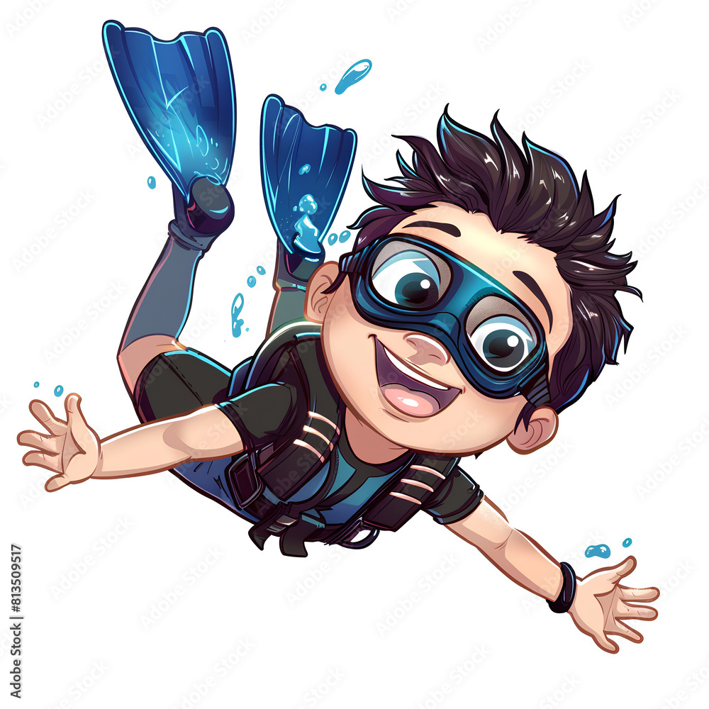 Excited Young Boy Scuba Diving, Adventure Underwater Illustration with ...