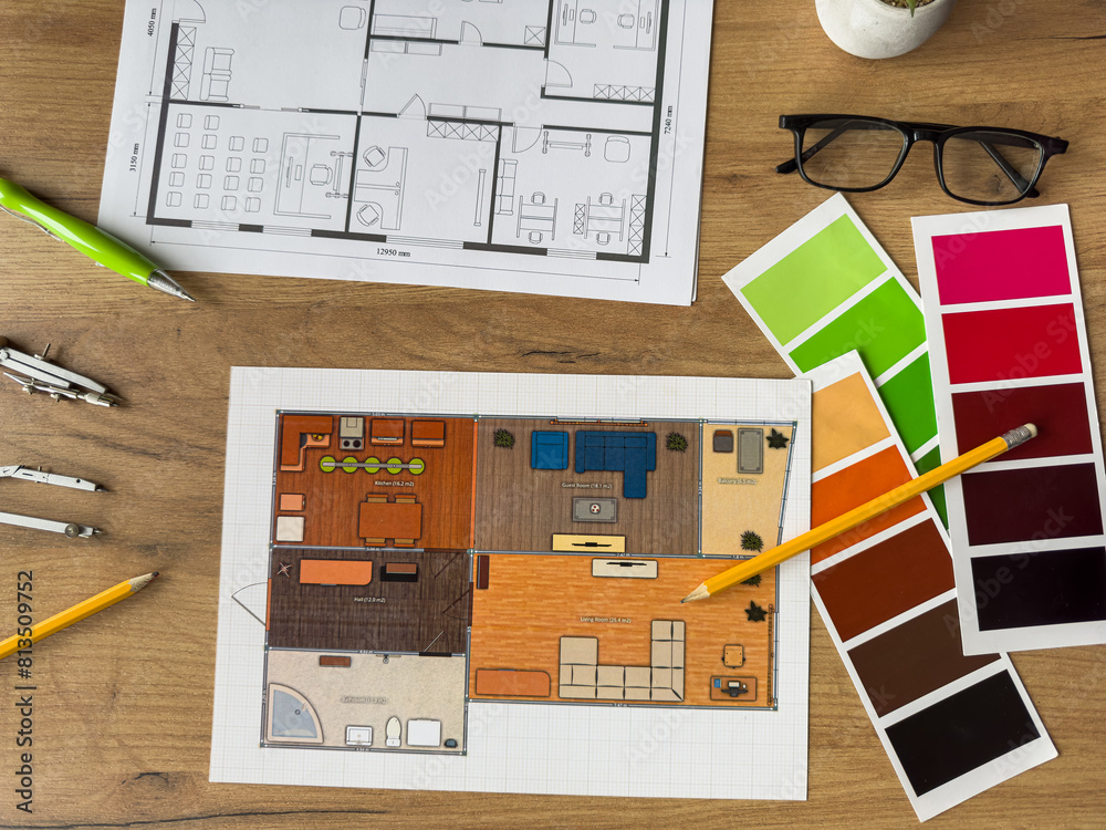 House plans, documents, technical drawings, blueprint drafts and color ...