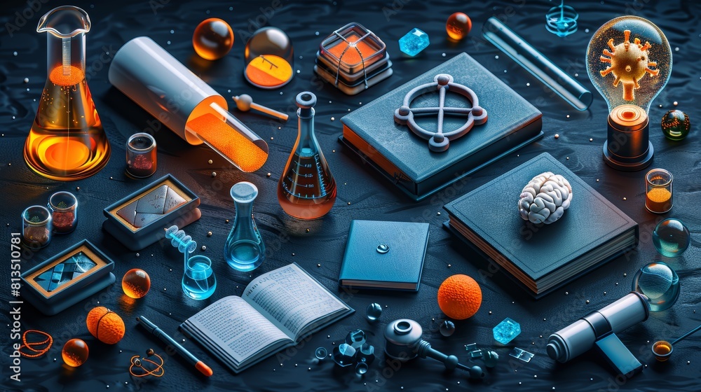 Futuristic Science Lab Setup Featuring Microscope, Atom Model, and ...