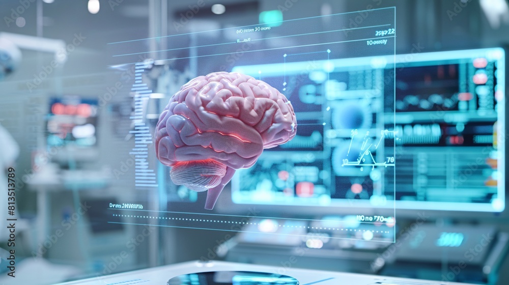Human brain with x-ray image on computer screen. Technology and science ...