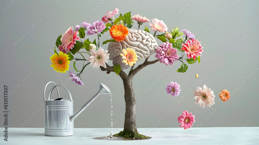 Affectionate : Human brain growing from a tree with flower, watering ...