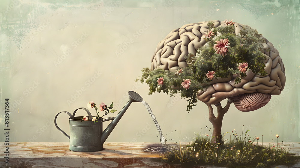 Affectionate : Human brain growing from a tree with flower, watering ...