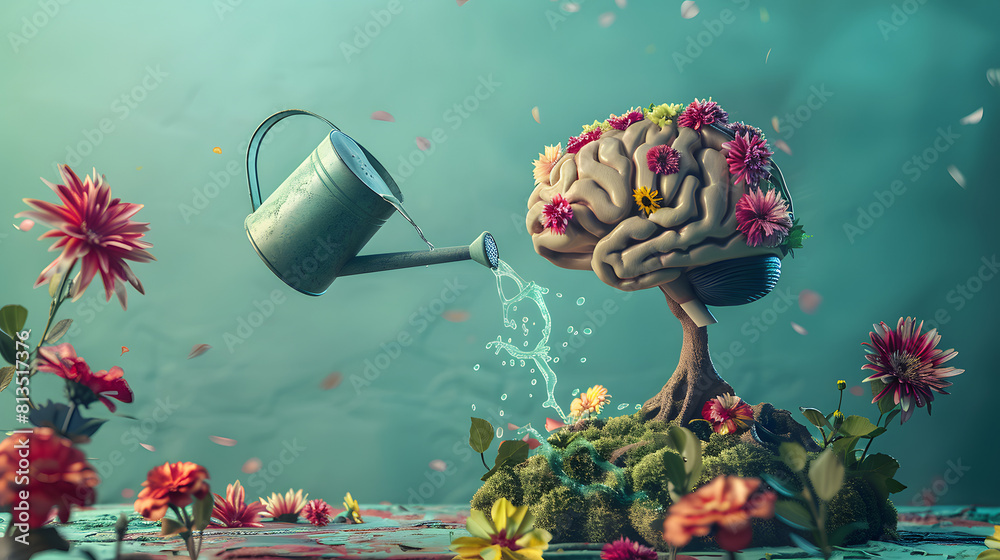 Affectionate : Human brain growing from a tree with flower, watering ...