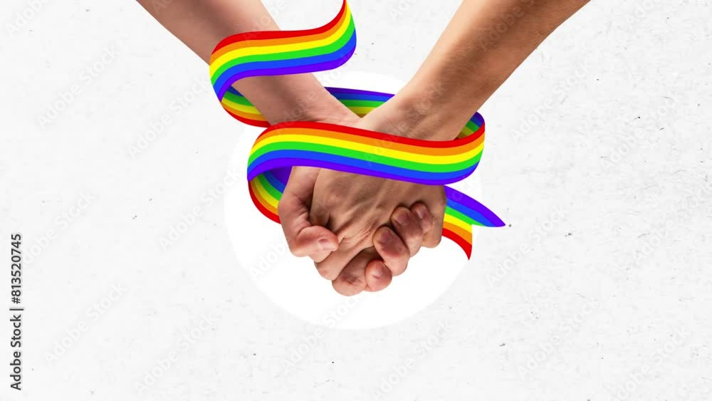 Stop motion. Animation. Couple holding hands and long rainbow ribbon ...