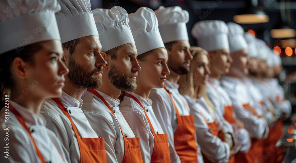 A big crowd of 100 chefs stand in a kitchen looking forward, gameshow ...