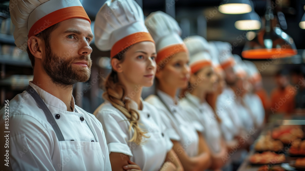 A big crowd of 100 chefs stand in a kitchen looking forward, gameshow ...