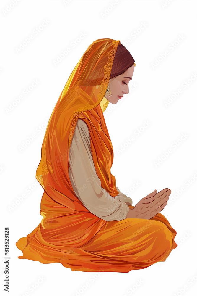 Indian woman praying, sikh prey. Traditional Indian orange saree outfit ...
