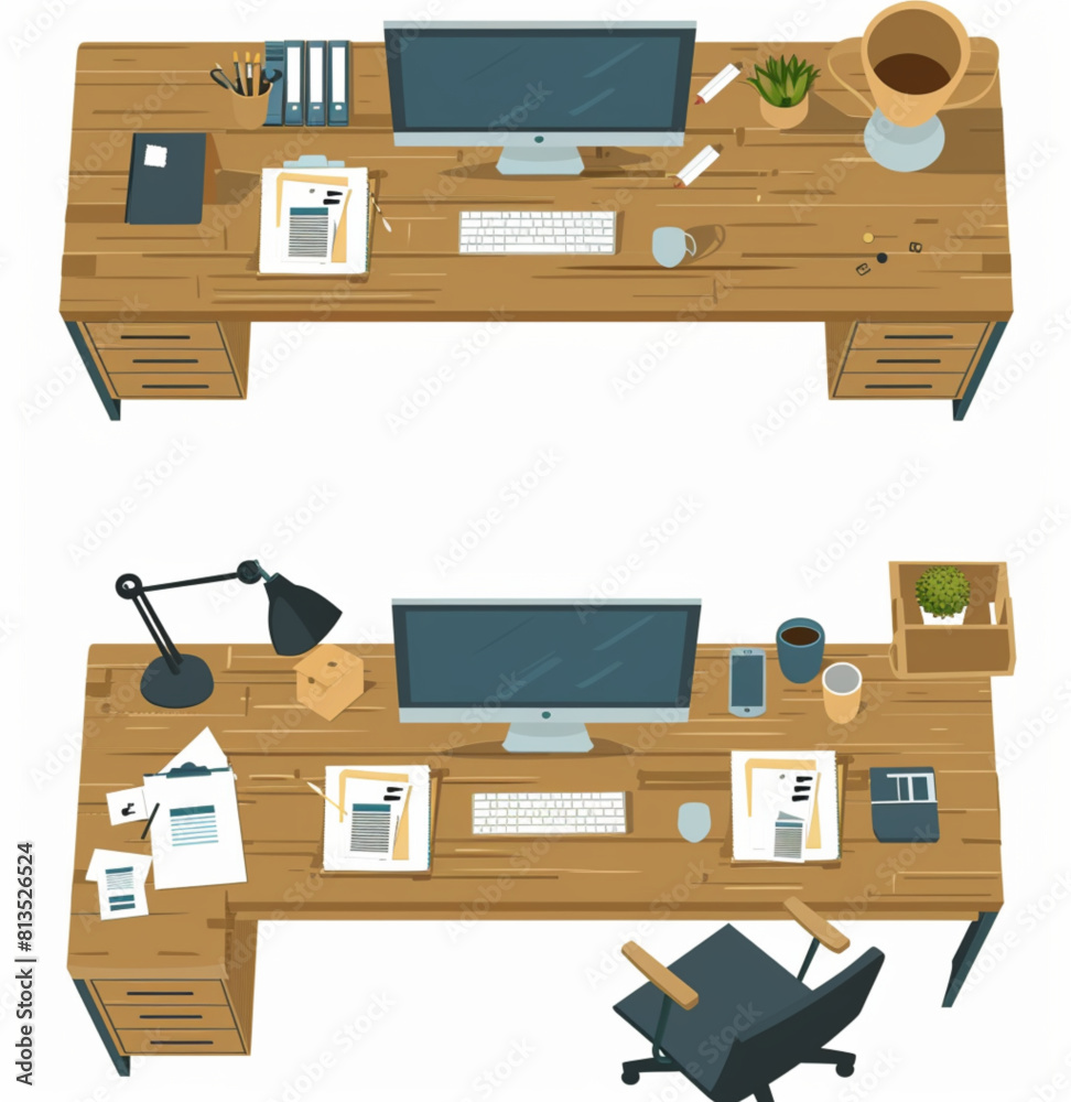 top view of a flat design vector illustration showing two work desks ...