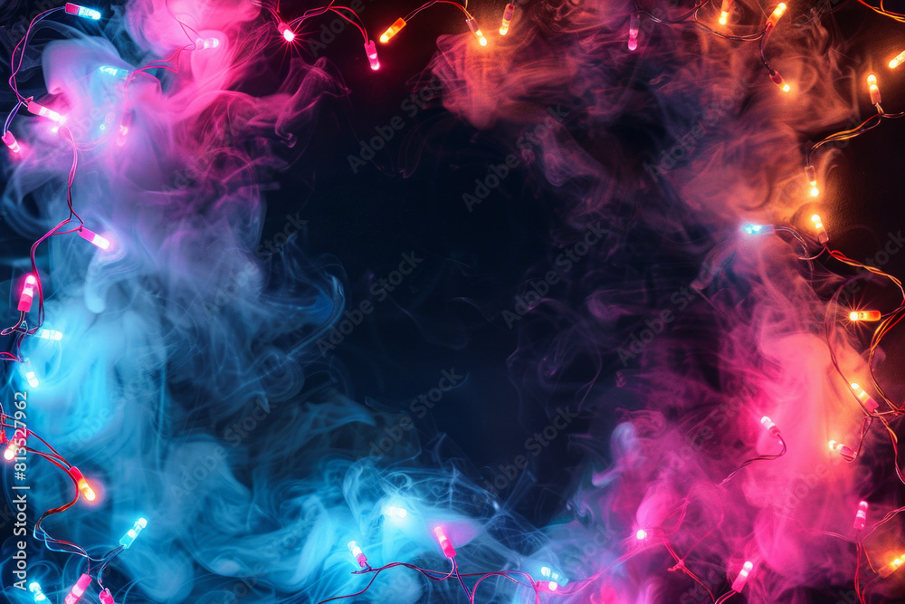 Beautiful fairy lights pattern with colorful smokes around the frame ...