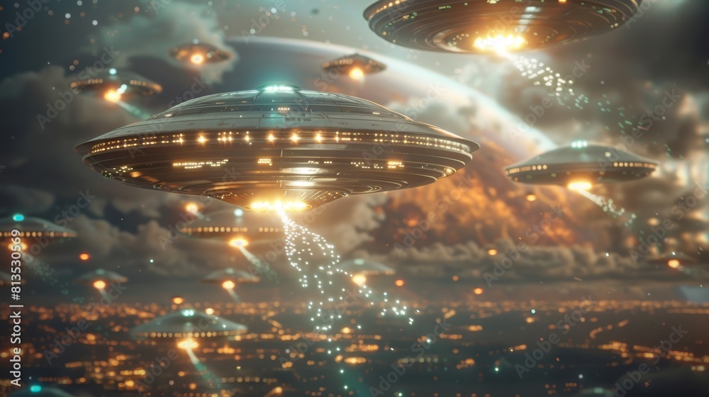 Ultramodern UFO fleet launching from a galaxy base, sparkles ...