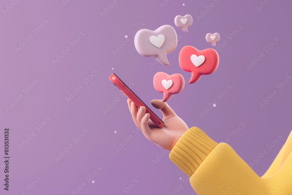3d cartoon character hand holding a mobile phone heart notification ...