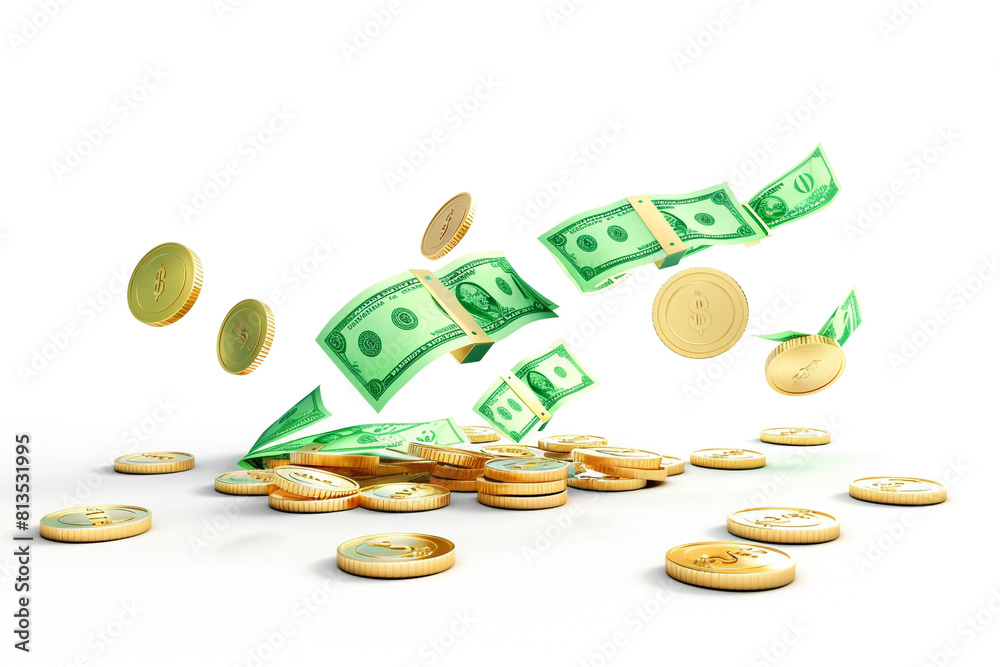 3d flying wad of money and gold coins in a minimalistic cartoon style ...