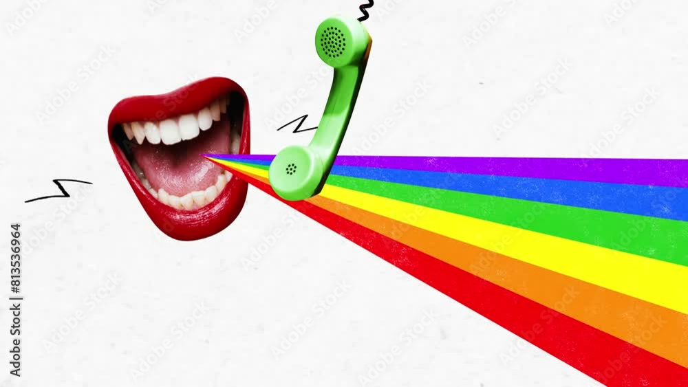 Stop motion. Animation. Mouth speaking to retro landline phone and ...