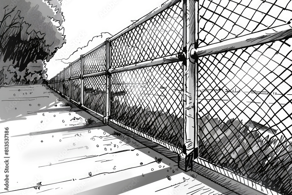 Detailed black and white drawing of a chain link fence. Suitable for ...