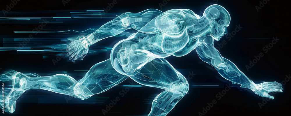 High-tech digital illustration of a human skeleton in a running pose ...