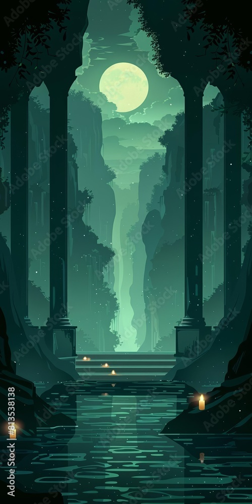 Mystical pixel art landscape with ruins overgrown by plants Stock ...