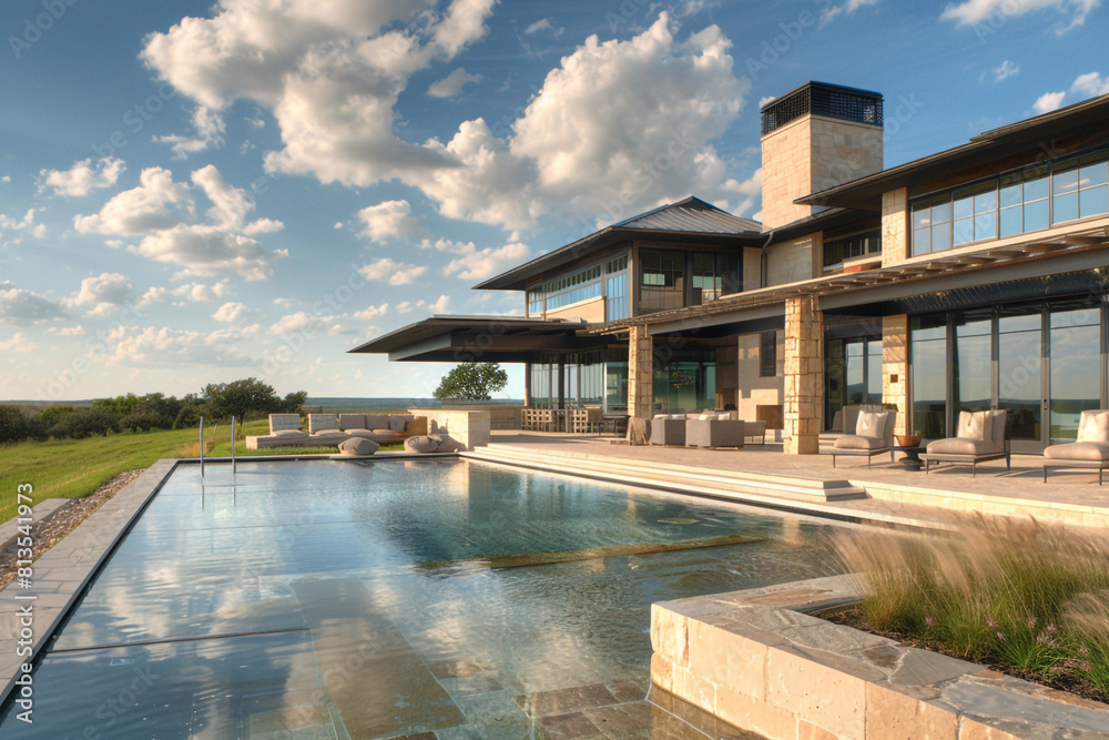 A large, modern home with an expansive pool and patio area in the Texas ...