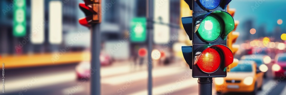 Traffic lights over urban intersection. International Traffic Light Day ...
