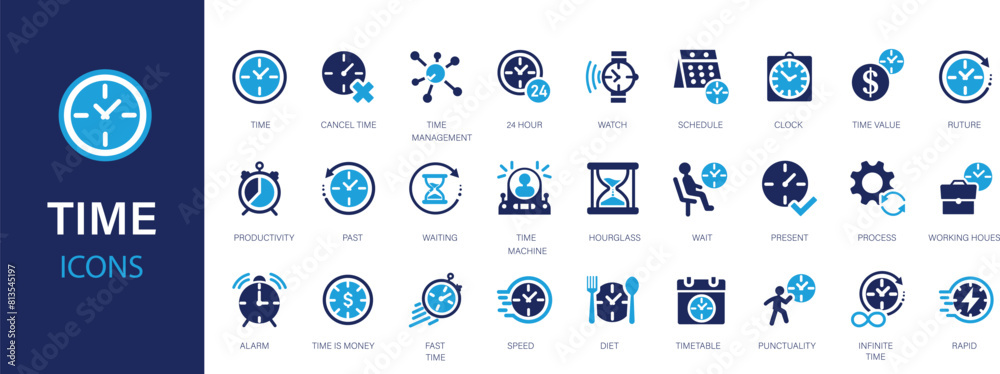 Time flat icons set. Timer, watch, alarm, schedule, hourglass, clock ...