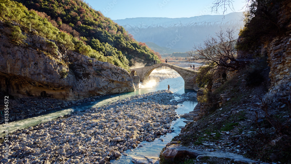 View of the Kadiut Bridge in Benje, Permet, Albania. Ancient stone ...