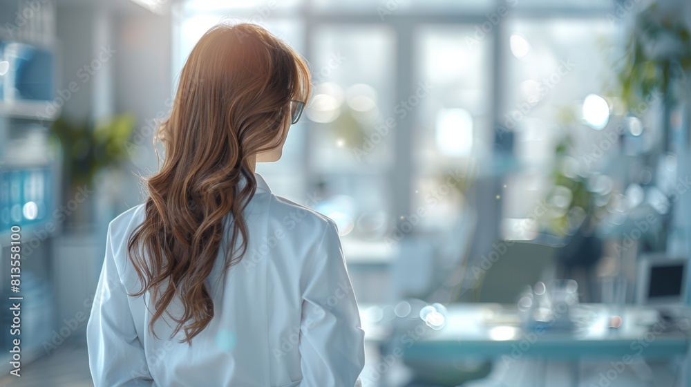 Back view. A female doctor character, radiating warmth and care ...