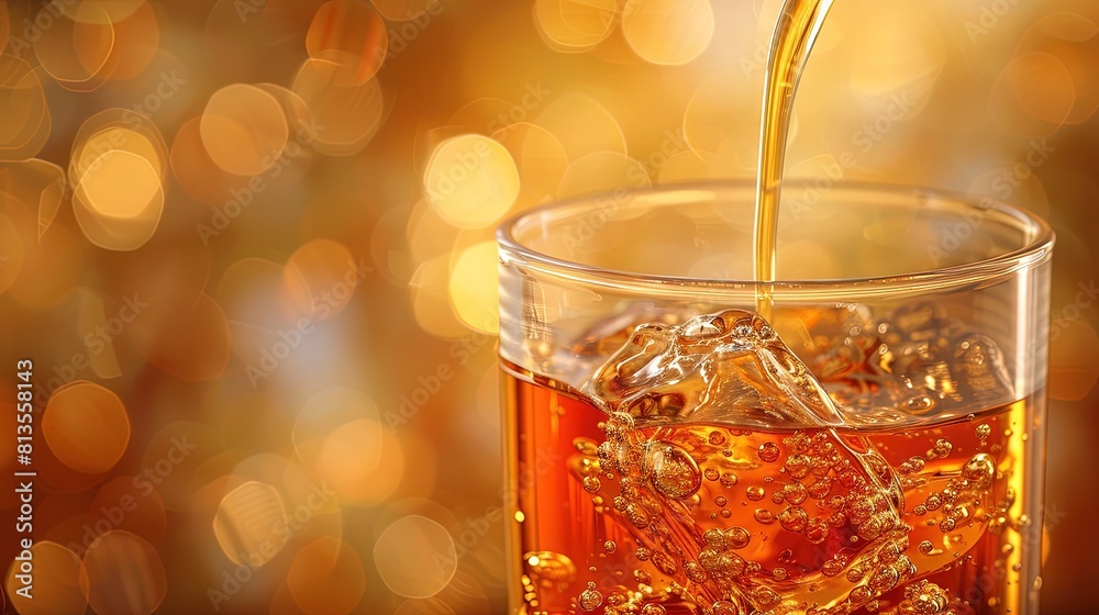 Rich maple syrup cascading into the glass, filling it to the brim and ...